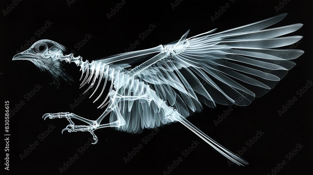 Xray of a birds skeleton with wings extended, displayed on a black ...