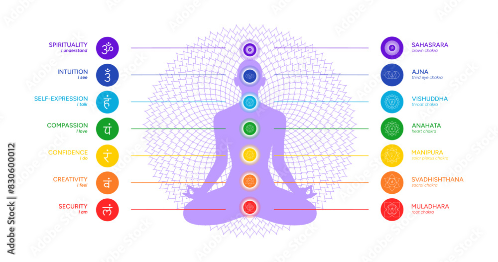 Chakras infographic, names, titles, line art symbol icons. Silhouette ...