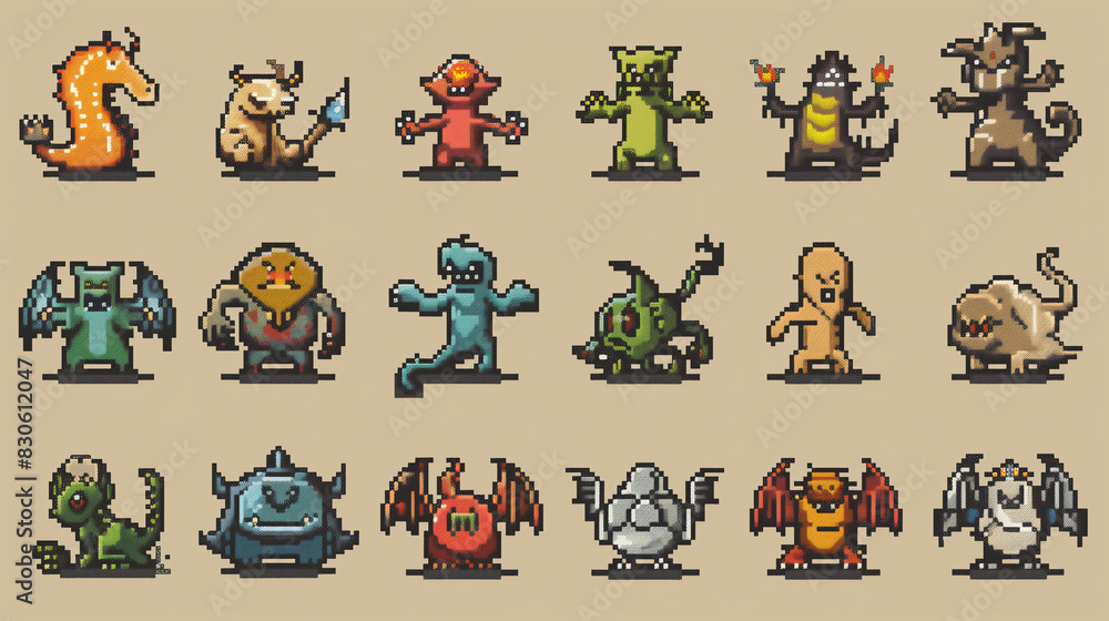 A collection of pixel art icons showing different types of monsters and ...