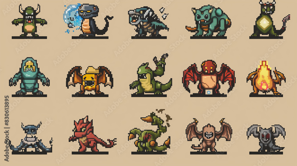 A collection of pixel art icons showing different types of monsters and ...