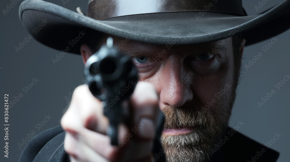 Man wearing a cowboy hat, aiming a revolver directly at the camera ...