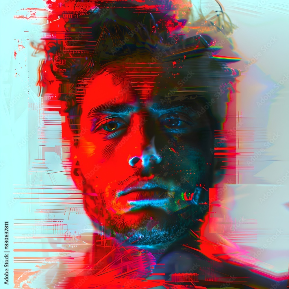 Vibrant glitch art portrait of a young man. The visual style is unique ...