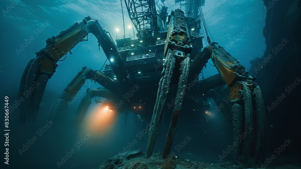 Top view of giant metal claws from a drilling rig penetrating the ocean ...