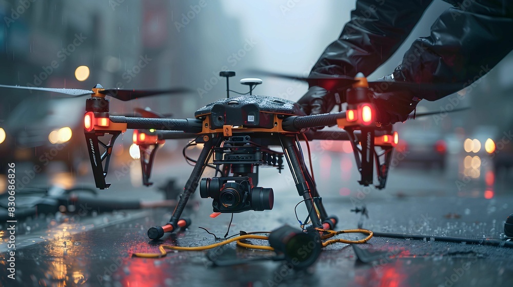 professional drone pilot operates drone in rain, showcasing advanced ...