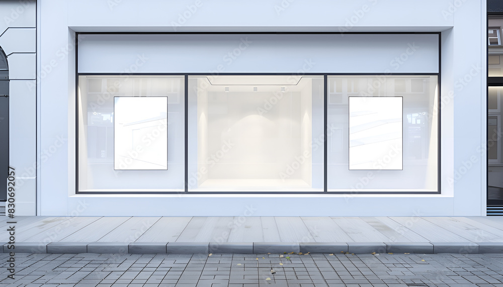 White storefront blank showcases. Empty new shop facade interior, clean ...