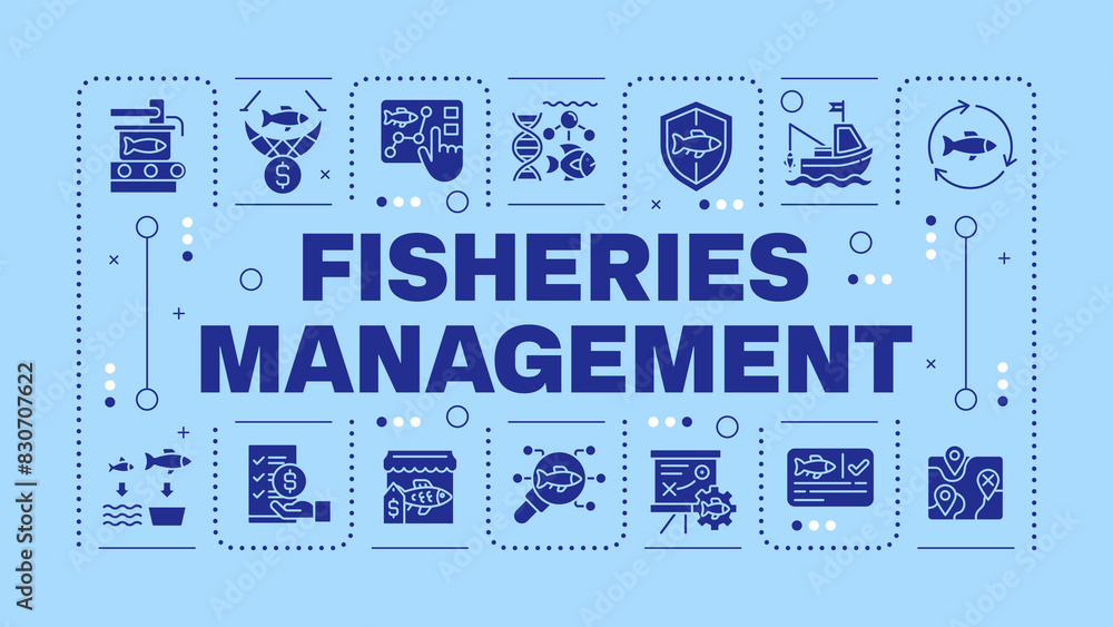 Fisheries management turquoise word concept. Seafood production profit ...