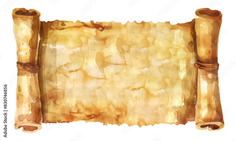 Watercolor open parchment scroll isolated on transparent background. Vector illustration of old ...