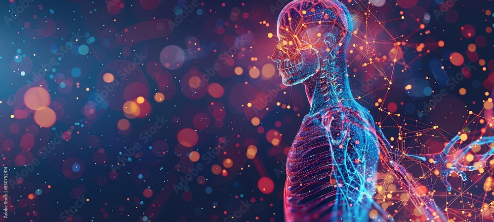 Colorful animation of the human body with infographics and particles ...
