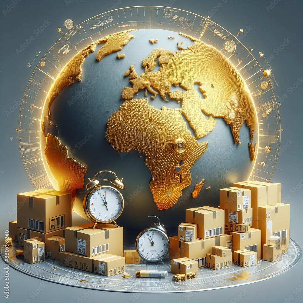 3D concept of global logistics featuring a gold world map surrounded by ...