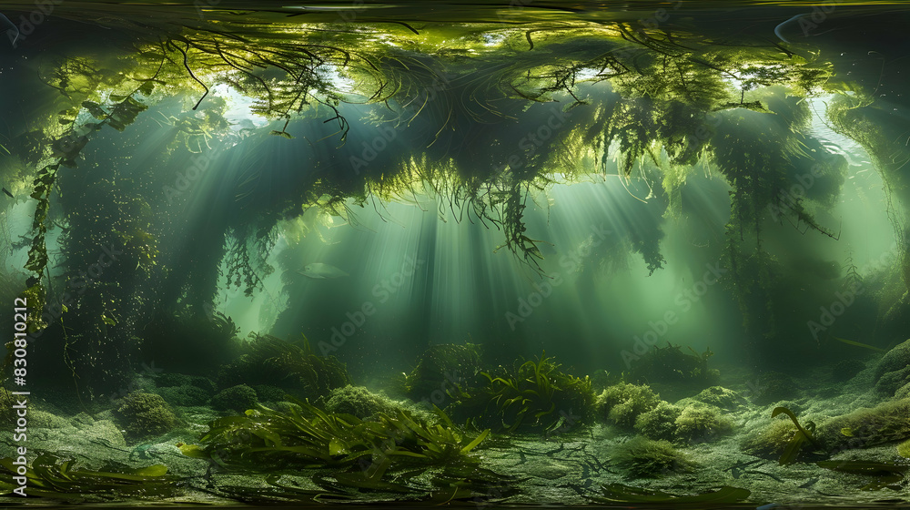 A surreal underwater forest of kelp illuminated by beams of sunlight ...
