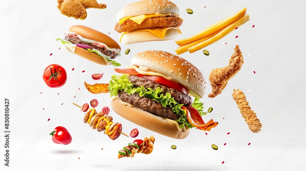 flying fast food dishes isolated on white abstract background. floating ...