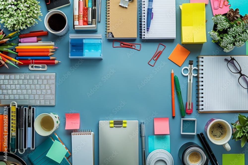 Busy desk with office supplies, coffee cups, and sticky notes, overhead ...
