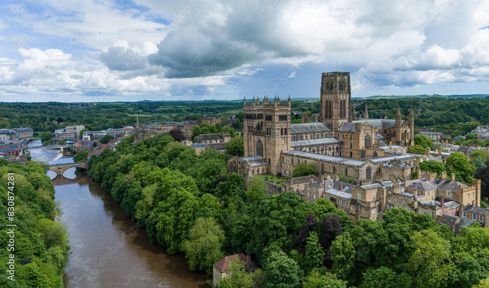 An aerial view of the Durham Cathedral, castle and river Wear in Durham ...