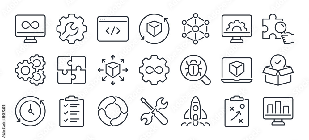 DevOps development and operations concept editable stroke outline icons ...