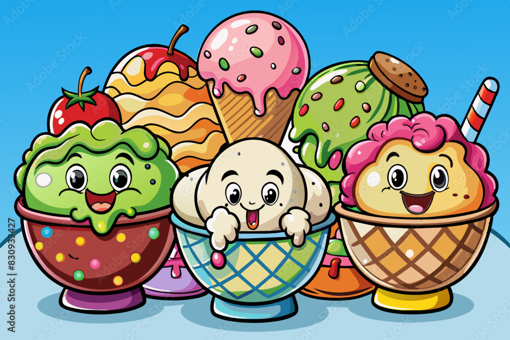 Cheerful cartoon ice cream characters in colorful cones on a bright ...