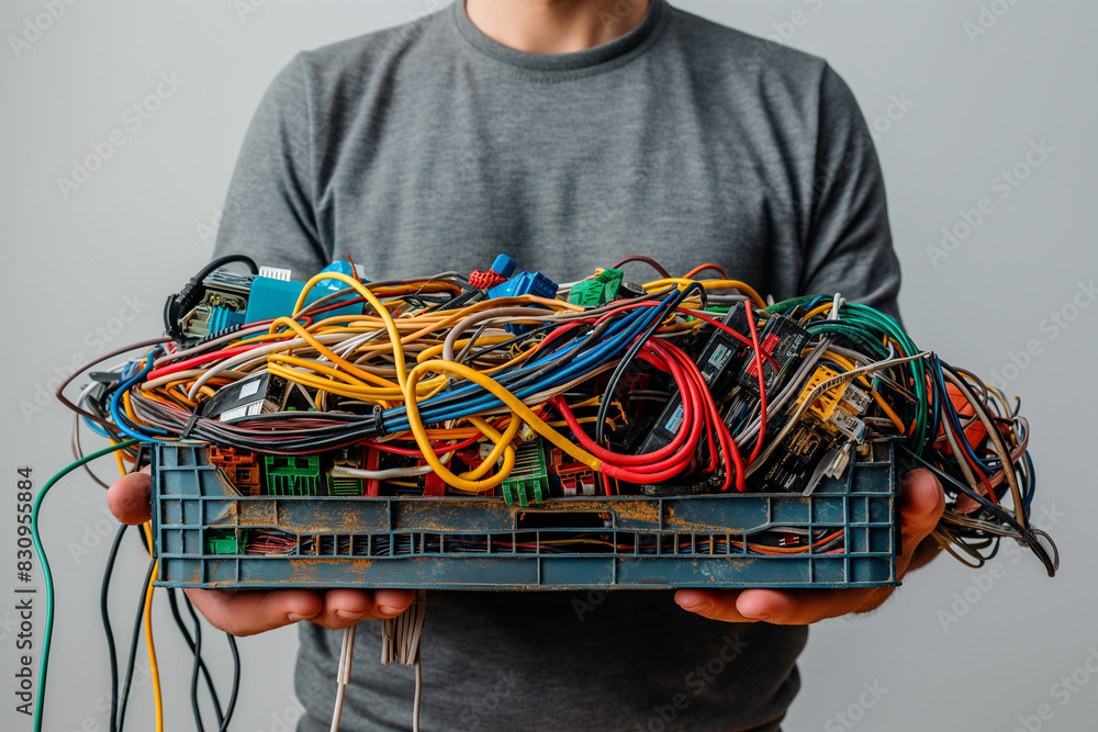 Tangled Electrical Wires: Person Holding E-Waste for Recycling and ...