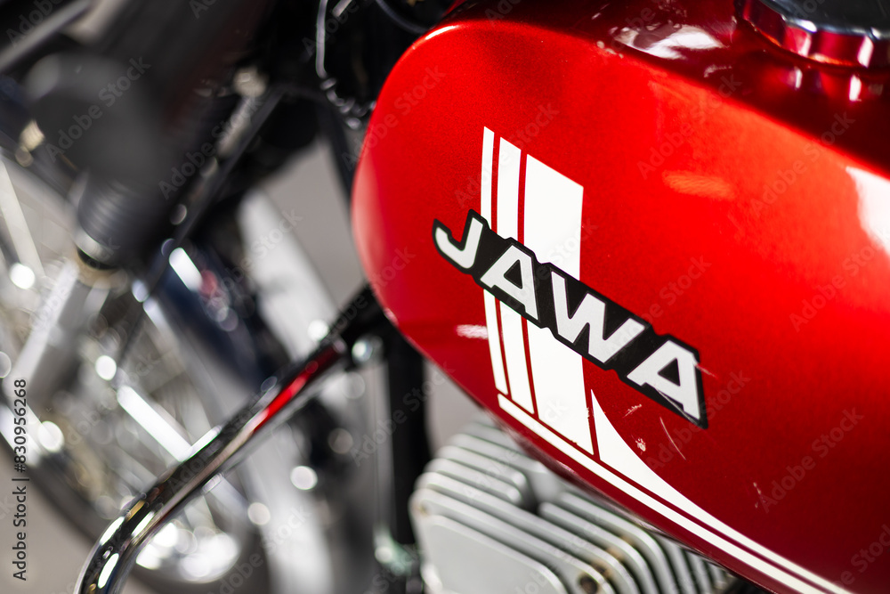 Bucharest, Romania - 28 May 2024: Jawa logo sign on a vintage ...