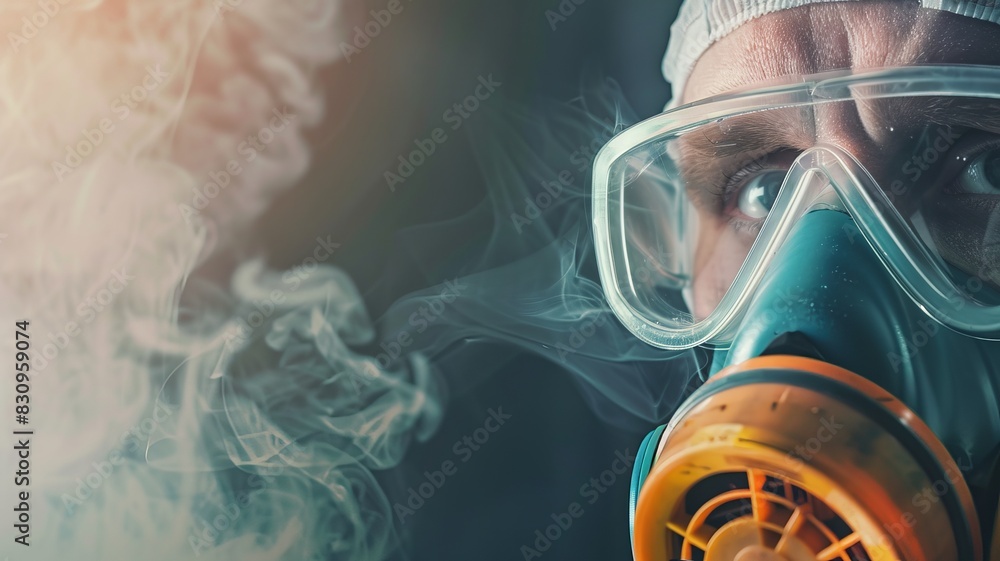 Professional in a chemical mask handling volatile substances carefully ...