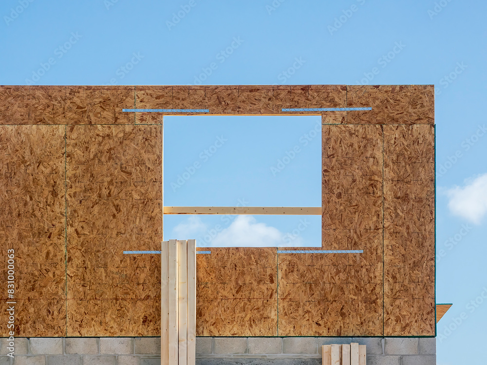 Corner of a bi-level house under construction, with two-by-fours ...