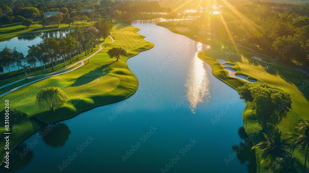 Bird's eye view of lush golf course with water hazards, sand traps, and ...