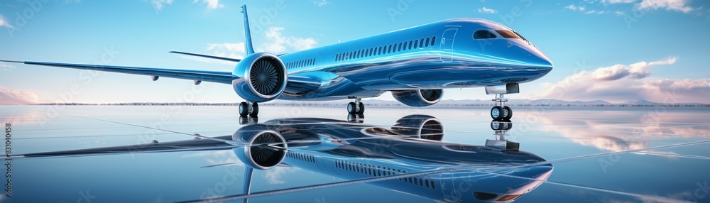 A hyperrealistic airplane with a reflection on a shiny blue surface ...