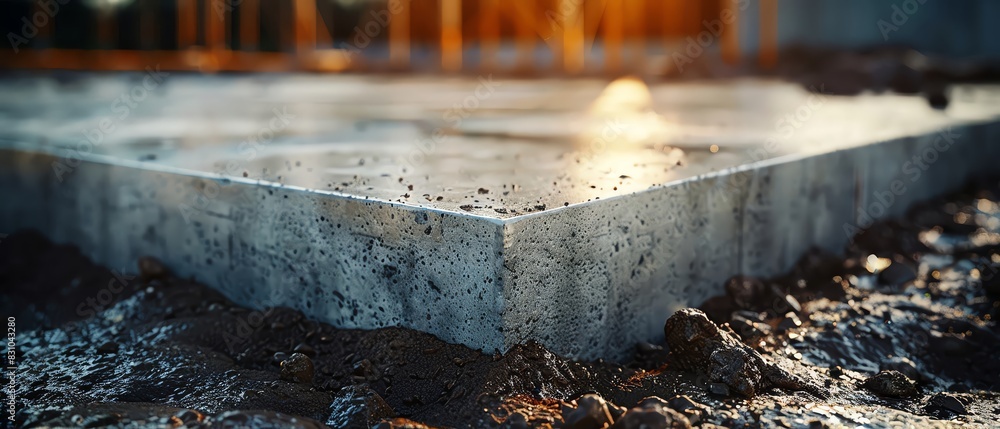 A close-up view of a concrete foundation slab at a construction site ...