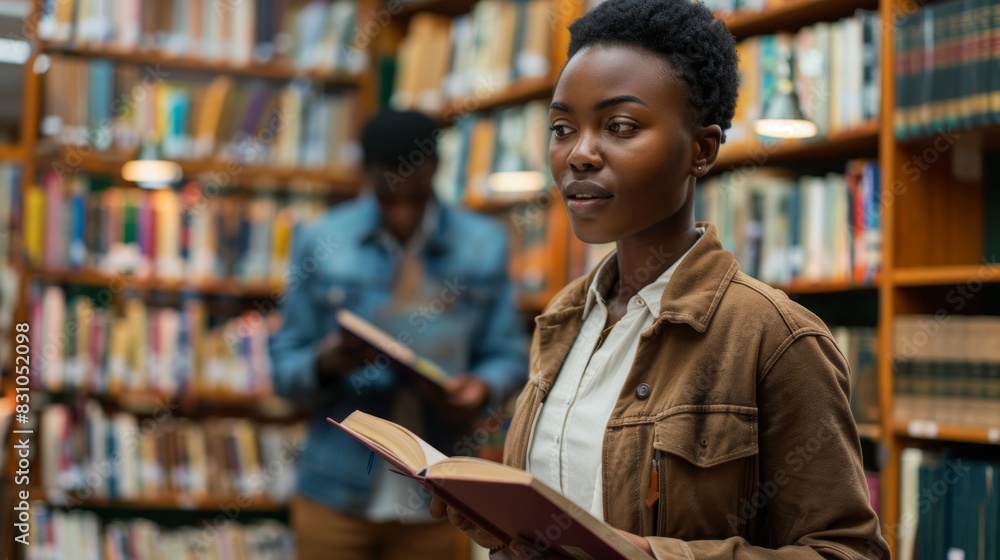 Black lady reading at university, college, or school library. Research ...