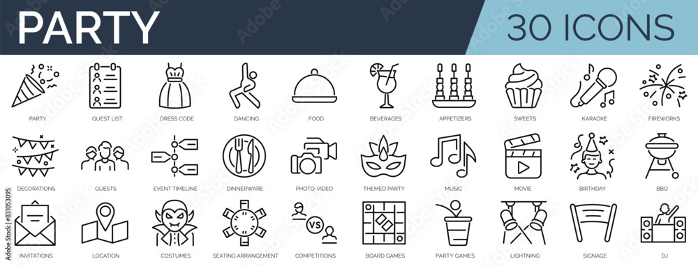 Set of 30 outline icons related to party. Linear icon collection ...