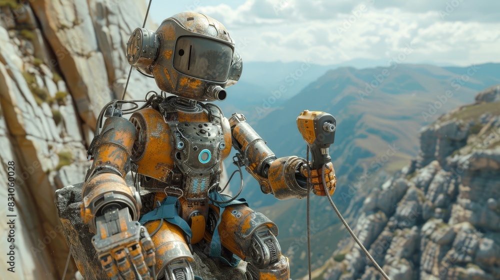 Tinman robot working at heights, tool belt and climbing harness secured ...