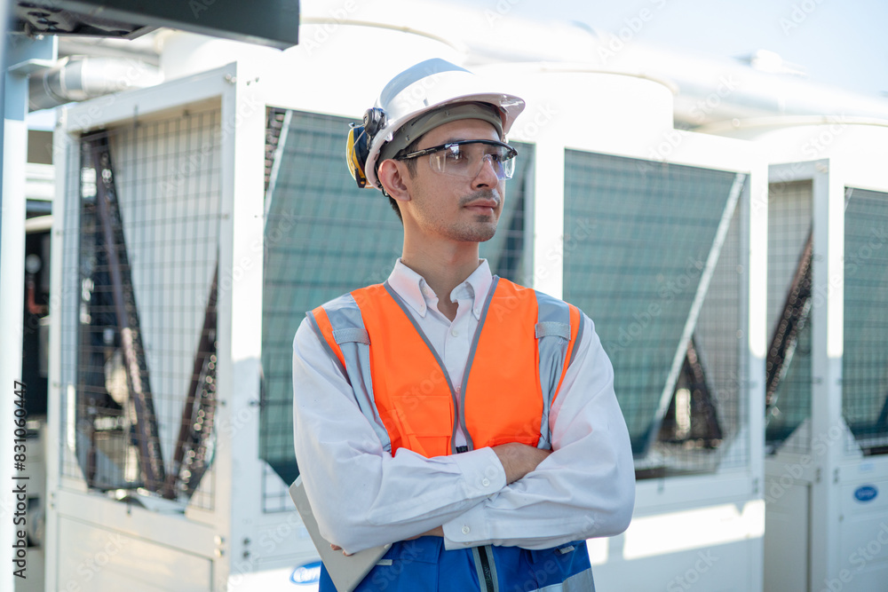 Engineer under checking the industry chilled water fan coil unit air ...