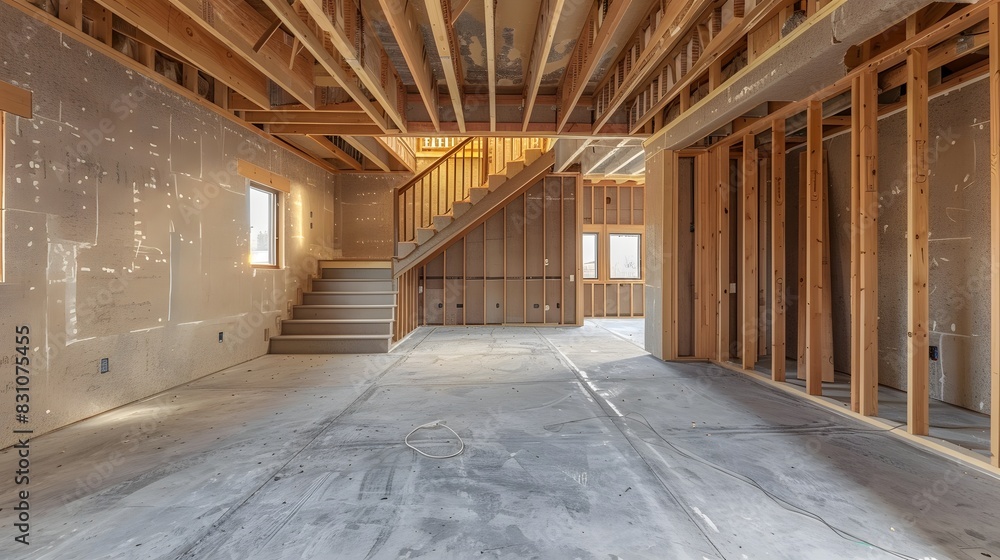 A photo of an unfinished basement with wooden frame walls and staircase ...
