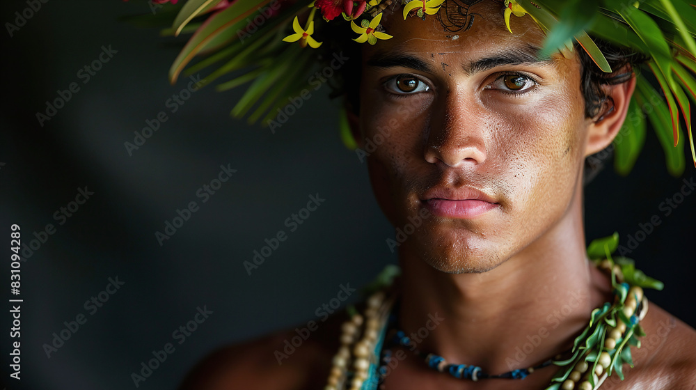 Portrait of Young Man Wearing Traditional Polynesian Attire with Leaf ...