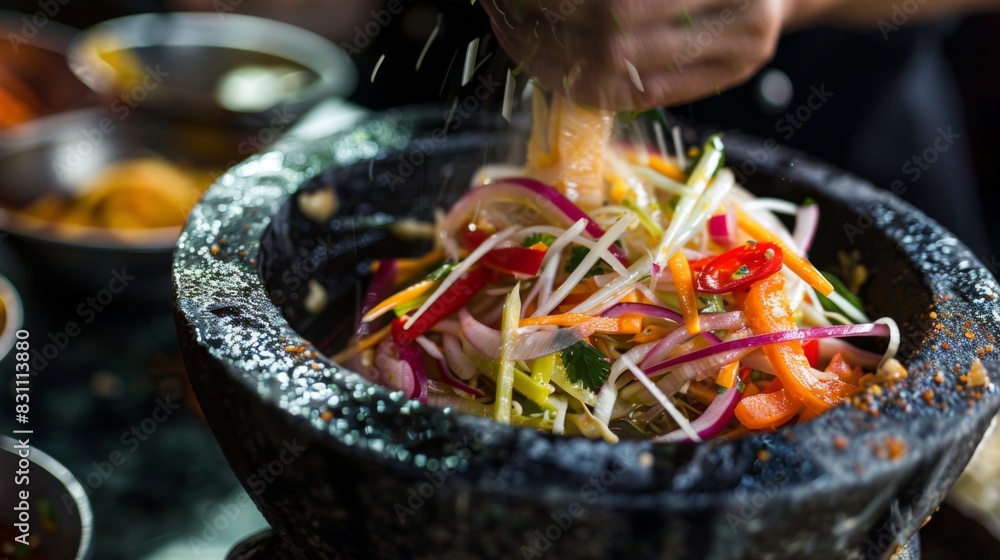 Close-up of som tam salad being pounded in a mortar and pestle ...