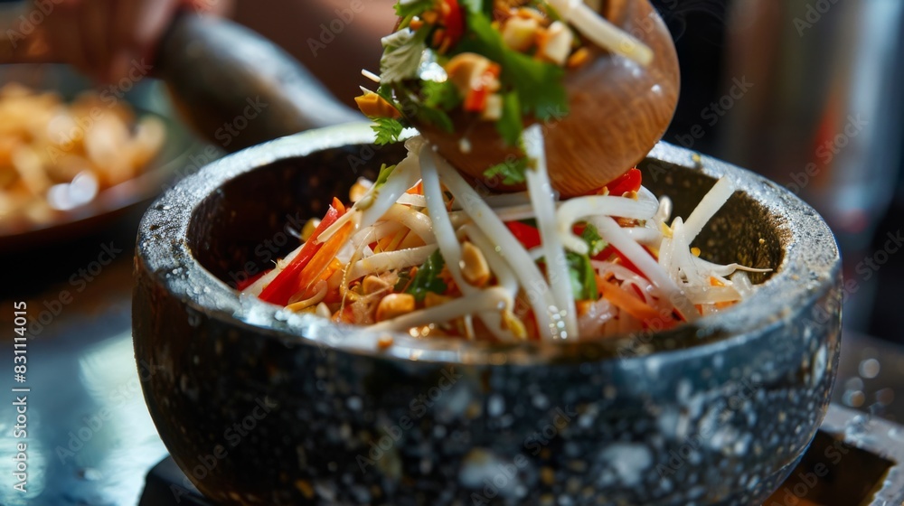 Close-up of som tam salad being pounded in a mortar and pestle ...