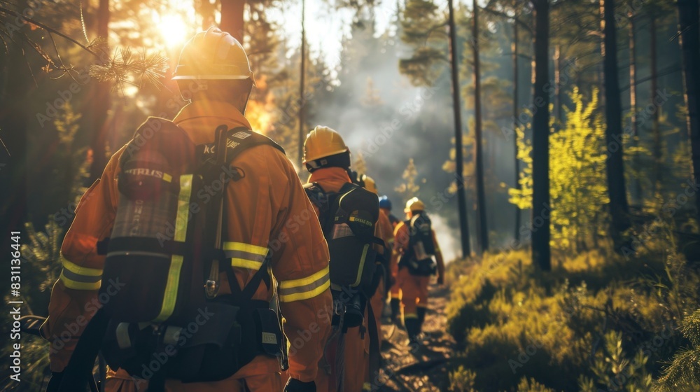 Firefighter crew coordinating efforts to contain a forest fire ...