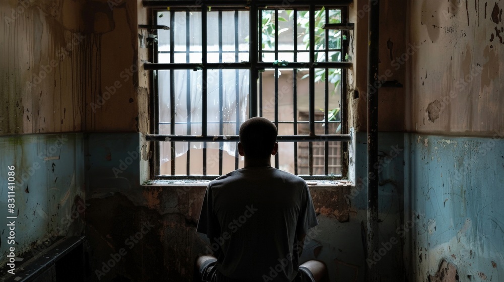 An inmate sitting alone in a prison cell, looking out a small window ...