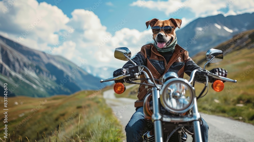 Canine biker in stylish attire navigating a motorcycle on a mountain ...