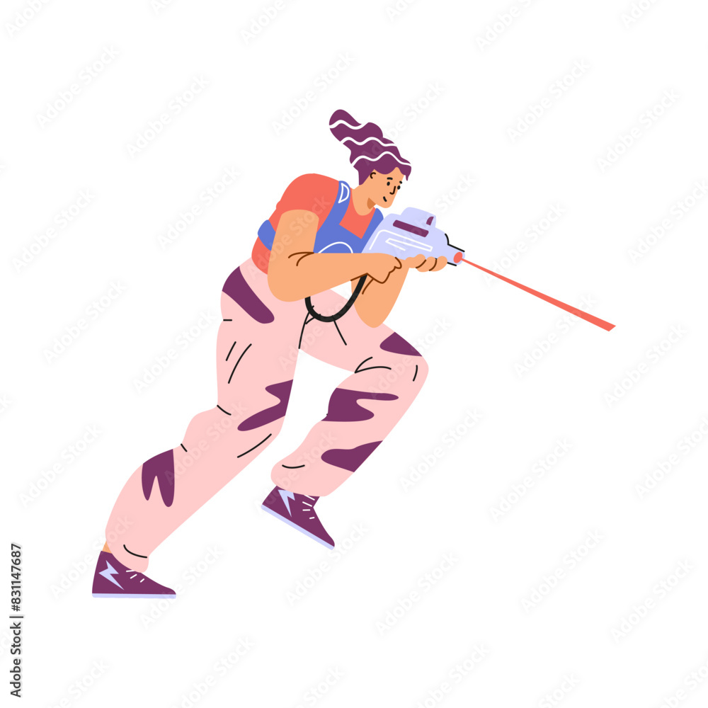 Laser tag player woman with laser gun running, vector cartoon gamer ...