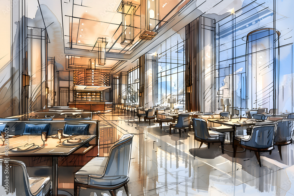 Hand drawn color sketch of modern luxury restaurant interior with ...