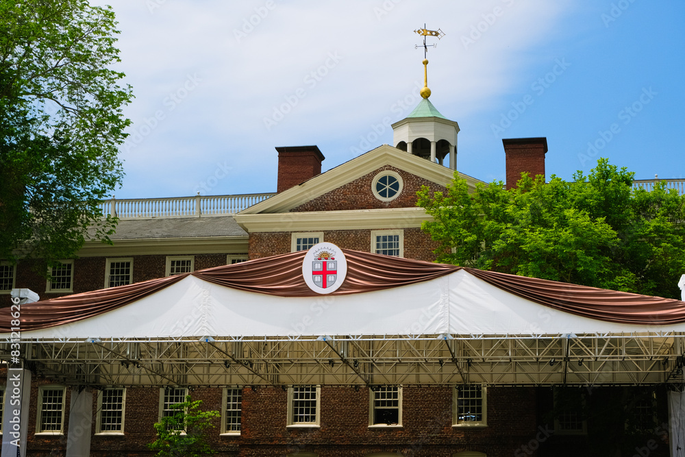 Rhode Island, USA - 26 May 2024. Stage tent with Brown university logo ...