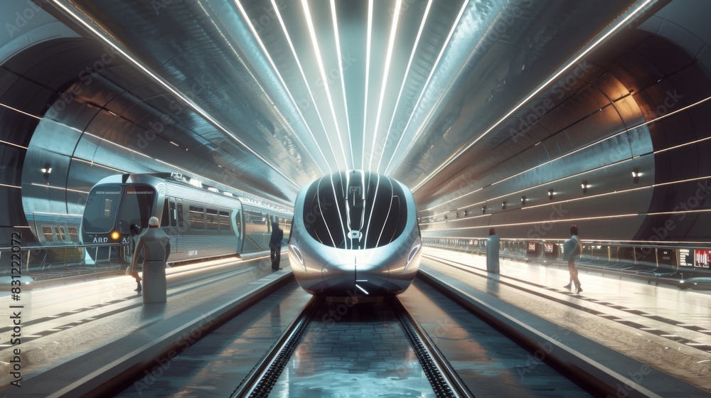 High-speed train arriving at a futuristic station, with sleek ...
