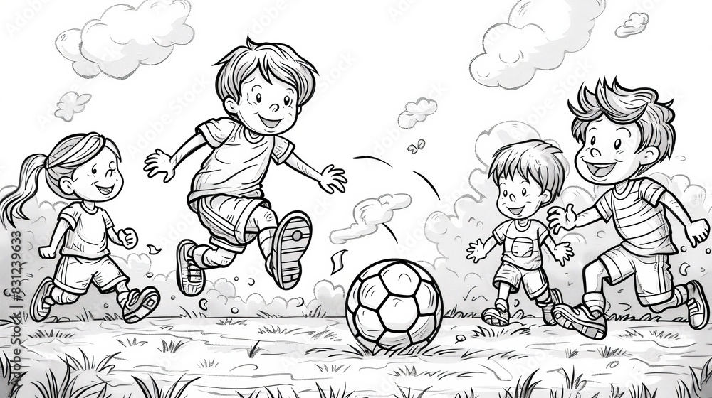 Coloring book page for kids of group of kids playing soccer in field ...