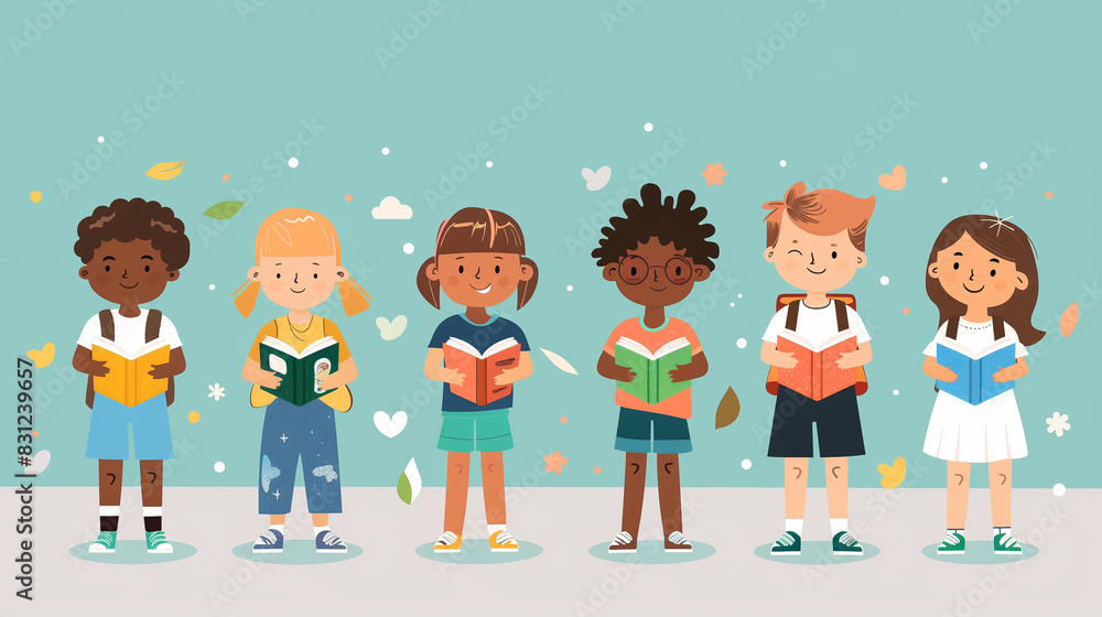 Cartoon of diverse children embracing the joy of learning through books ...