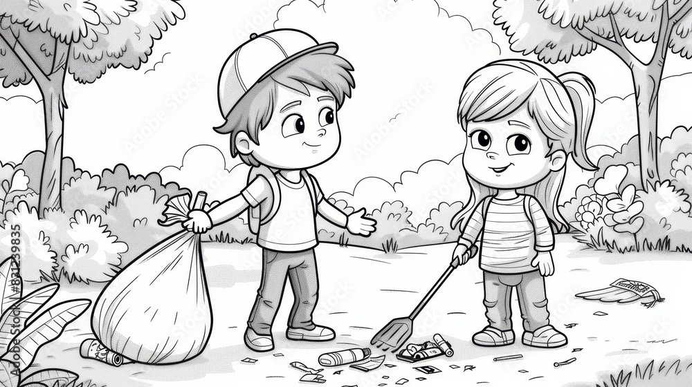 Boy and girl cleaning park together holding trash bag sketch coloring ...