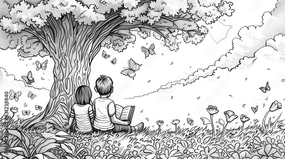 Coloring book page for kids of boy and girl reading book under tree ...