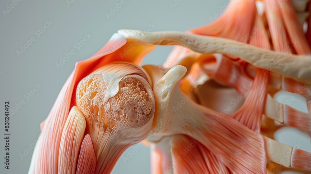 Detailed close-up of a human shoulder joint with muscles and ligaments ...