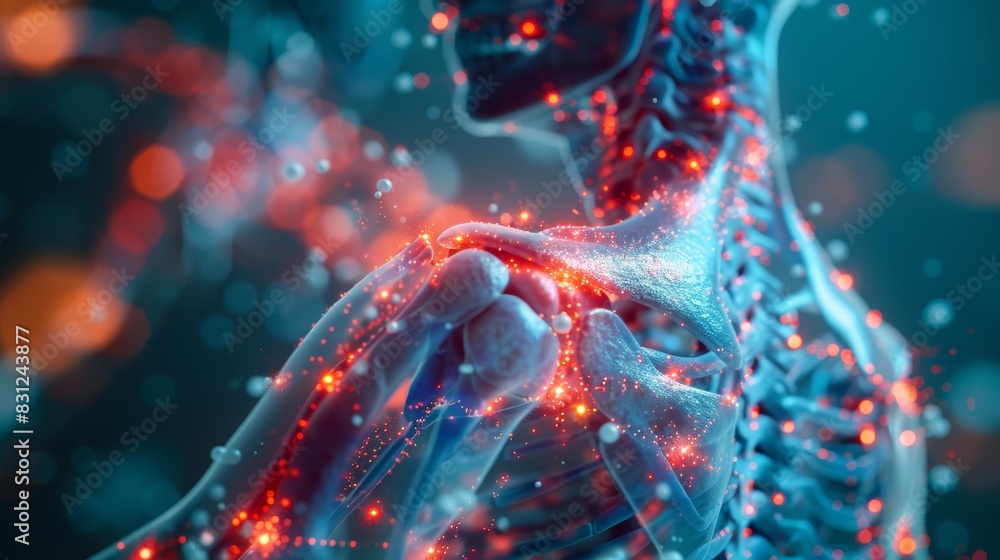 Digitally rendered human shoulder with highlighted nerves and muscles ...