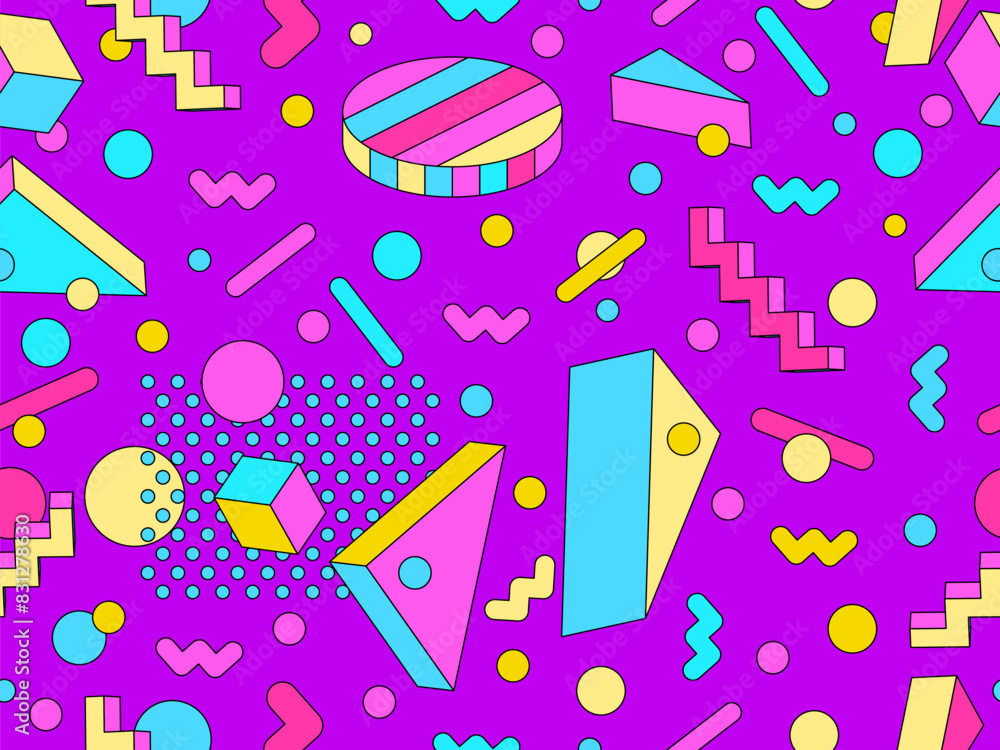 Memphis geometric seamless pattern with 3D shapes in 80s and 90s style ...