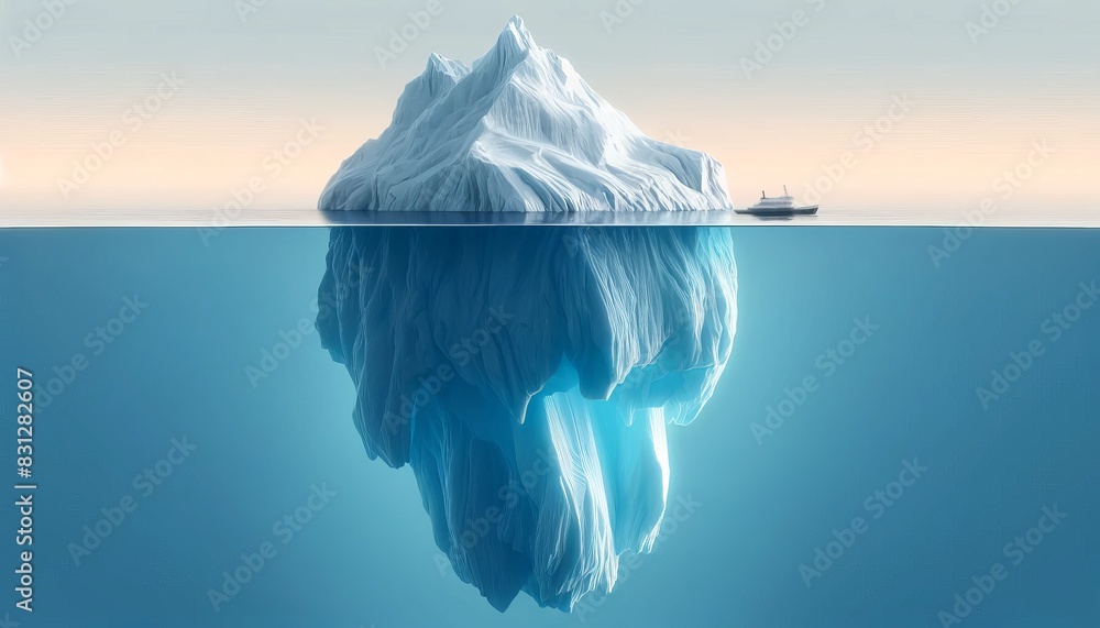 Majestic iceberg floats in calm ocean with ship in distance ...