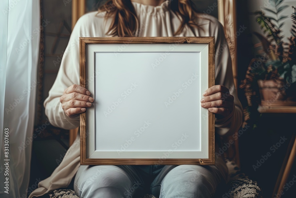 Modern decor captured depicting a wooden-framed white poster being held ...